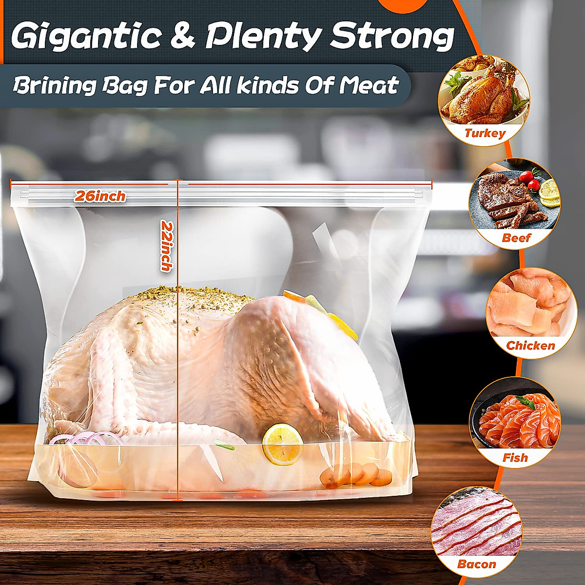 Brining Bags for Turkey, 3 Pack, 26"×22", Extra Large Turkey brine bag Holds up 35lb, Thickened Brining Bag with 3 Cotton Strings, Double Zip-lock Seal Brine Bags for Turkey, Chicken, Beef, Pork, Ham