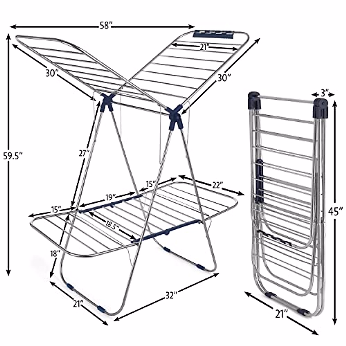 Luxe Laundry Premium Clothes Drying Rack, Foldable 2-Layer Stainless Steel Drying Rack, Free Standing with Height Adjustable Wings, Stainless Steel, Sock Clips, Towel Rack, Clothes, Blue