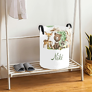 BigBigift Greenery Woodland Bear Deer Round Laundry Basket Personalized with Name Waterproof Canvas Clothes Basket Laundry Hamper with Handles for Kids Room Bedroom Gift Baskets