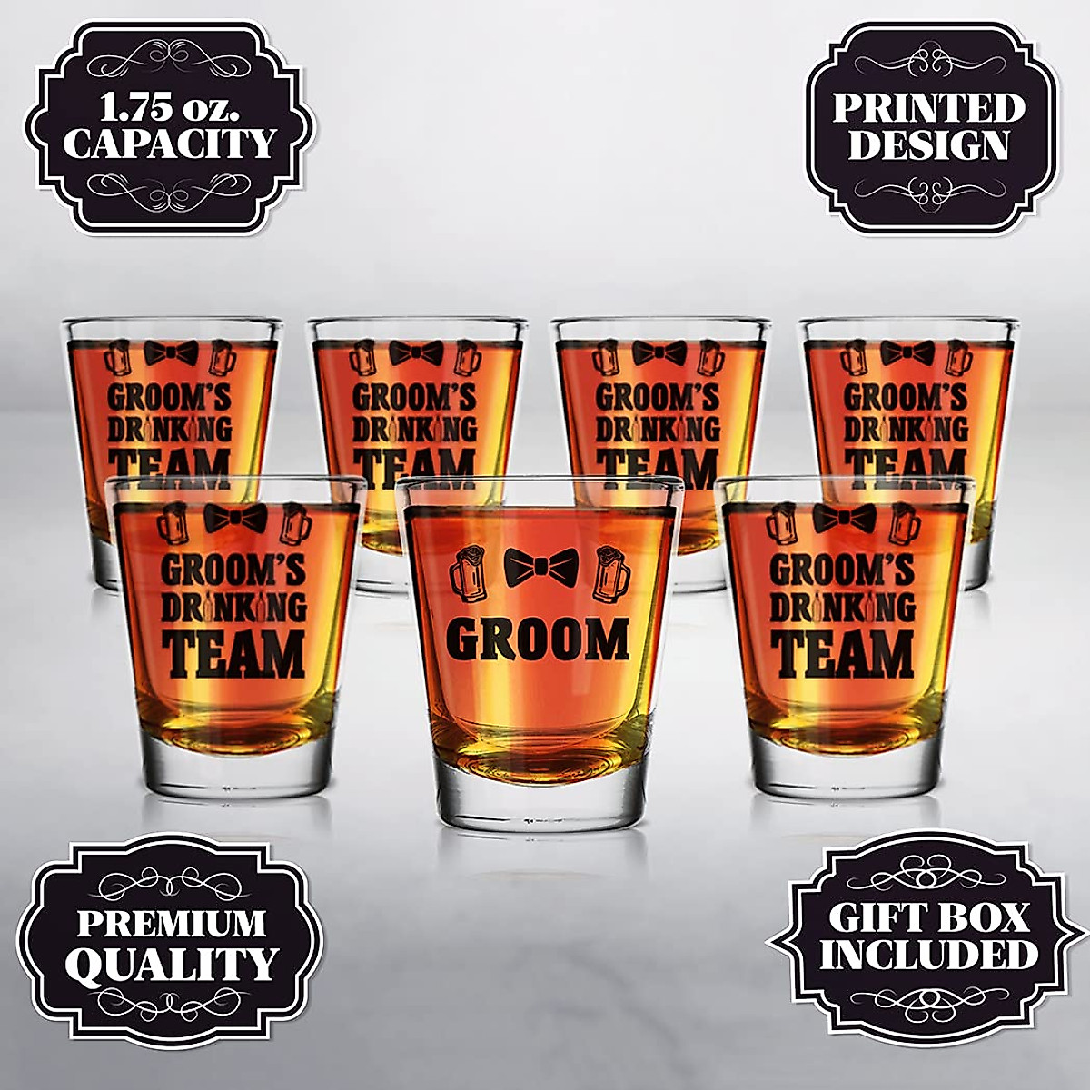 shop4ever Groom Bowtie and Groom's Drinking Team Shot Glasses ~ Bachelor Party Favors ~ Wedding Shot Glasses (7 Pack)