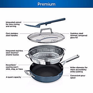 Ninja CW102BL Foodi NeverStick PossiblePan, Premium Set with 4-Quart Capacity Pan, Steamer/Strainer Basket, Glass Lid & Integrated Spatula, Nonstick, Durable & Oven Safe to 500°F, Macaron Blue