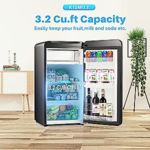 Kismile Retro Mini Fridge with Freezer, 3.2 cu. ft Small fridge with Adjustable Removable Glass Shelves, Mechanical Control, Compact Refrigerator for Office, Dorm, Bedroom (Black)