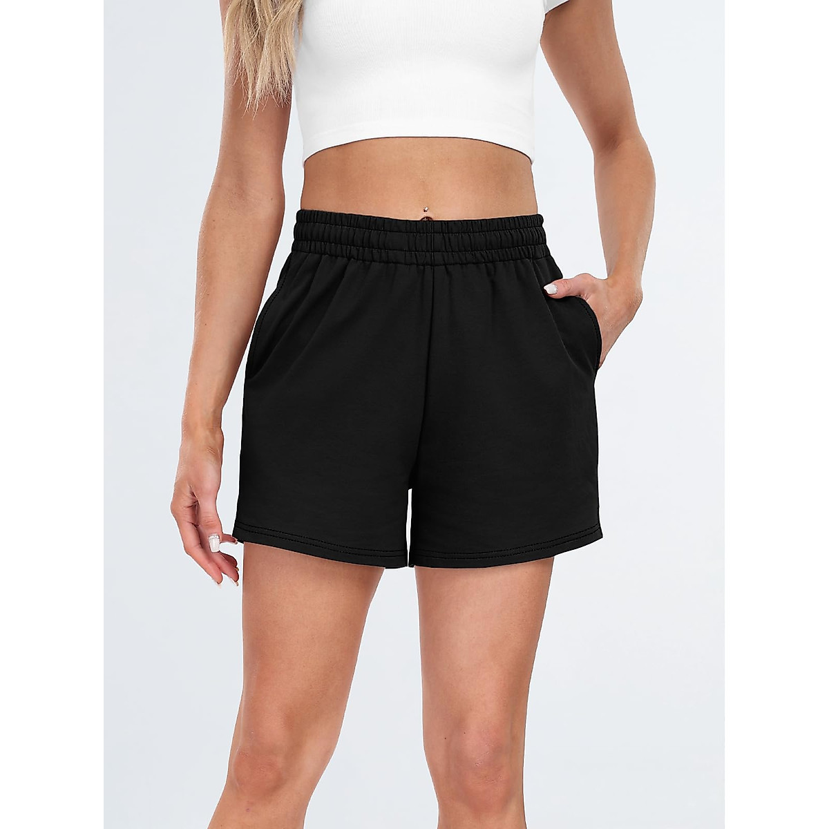 AUTOMET Womens Sweat Shorts Casual Summer Drawstring Comfy Elastic High Waist Running Clothes with Pockets Black S