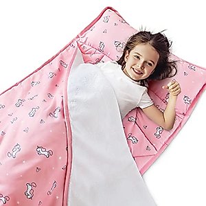 Toddler Nap Mat with Pillow and Blanket 50" x 21" x 1.5", Nap Mat for Boys Girls Super Soft and Cozy, Kids Sleeping Bag for Preschool, Daycare, Toddler Sleeping Bag, Pink Horse