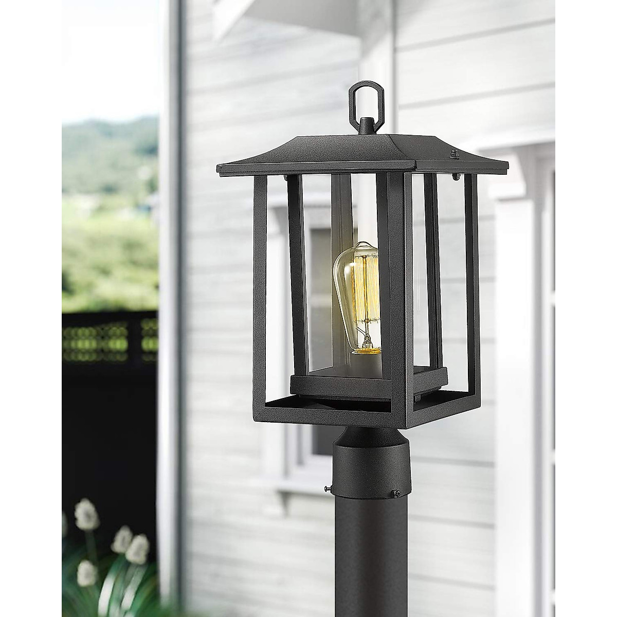 Beionxii Outdoor Post Lights, Large Exterior Lamp Post Light Fixture with Pier Mount Base, Black Cast Aluminum w/Clear Glass (19" x 9") - A197P-2PK