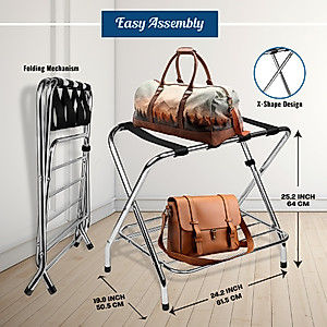 USTECH Luggage Rack-Double Tier, Chrome, Self Asssembly, Foldable Rack for Guest Room