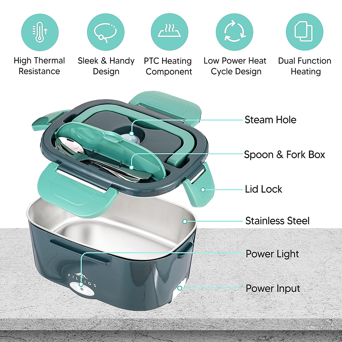 Filligs Electric Lunch Box Food Heater, 110V 12V 24V, Food Warmer for Office, Truck, Car, Work, With Removable Stainless Steel Container, Loncheras Electricas Para Calentar Almuerzo