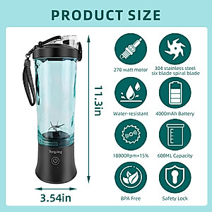 Portable blender,Big Power Personal Size Blender for Shakes and Smoothies with 6 Blades,20OZ Juicer Cup USB Rechargeable Blender for Kitchen，Outdoor（Black）