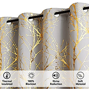 FMFUNCTEX Branch Grey Blackout Curtain Panels for Bedroom 84" Foil Gold Tree Branch Window Curtains Metallic Print Energy Efficient Thermal Curtain Drapes for Guest Living Room Grommet Top 2 Panels