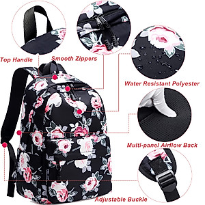 Backpack for Girls, Joyfulife Teen Backpacks Lightweight Kids Bookbags School Backpack with Lunch Box Pencil Case Travel Laptop Backpack Casual Daypacks Floral (Black)