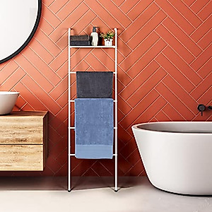 Farmhouse Blanket Ladder, Ladder Towel Rack Decorative Towel Ladder with Storage Shelf, Rustic Blanket Ladder Shelf for Living Room, Blanket Storage Rack, White