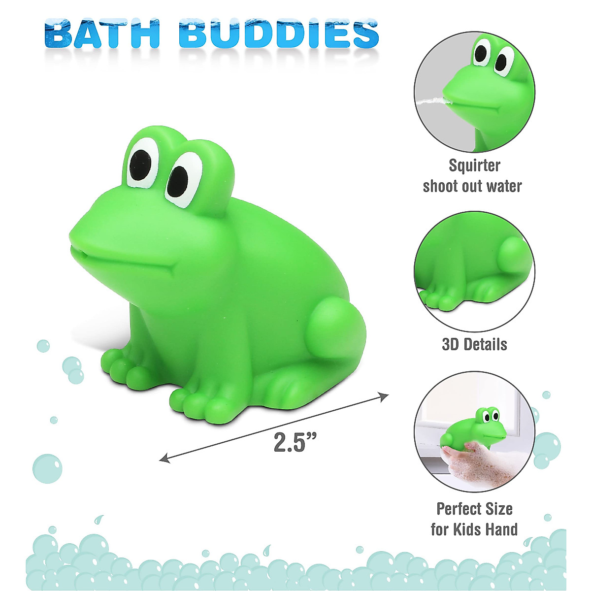 DolliBu Frog Bath Buddy Squirter - Floating Green Frog Rubber Bath Toy, Fun Water Squirting Bathtime Play for Toddlers, Cute & Soft Animal Toy for The Bathtub, Beach & Pool for Girls & Boys - 3 Inch