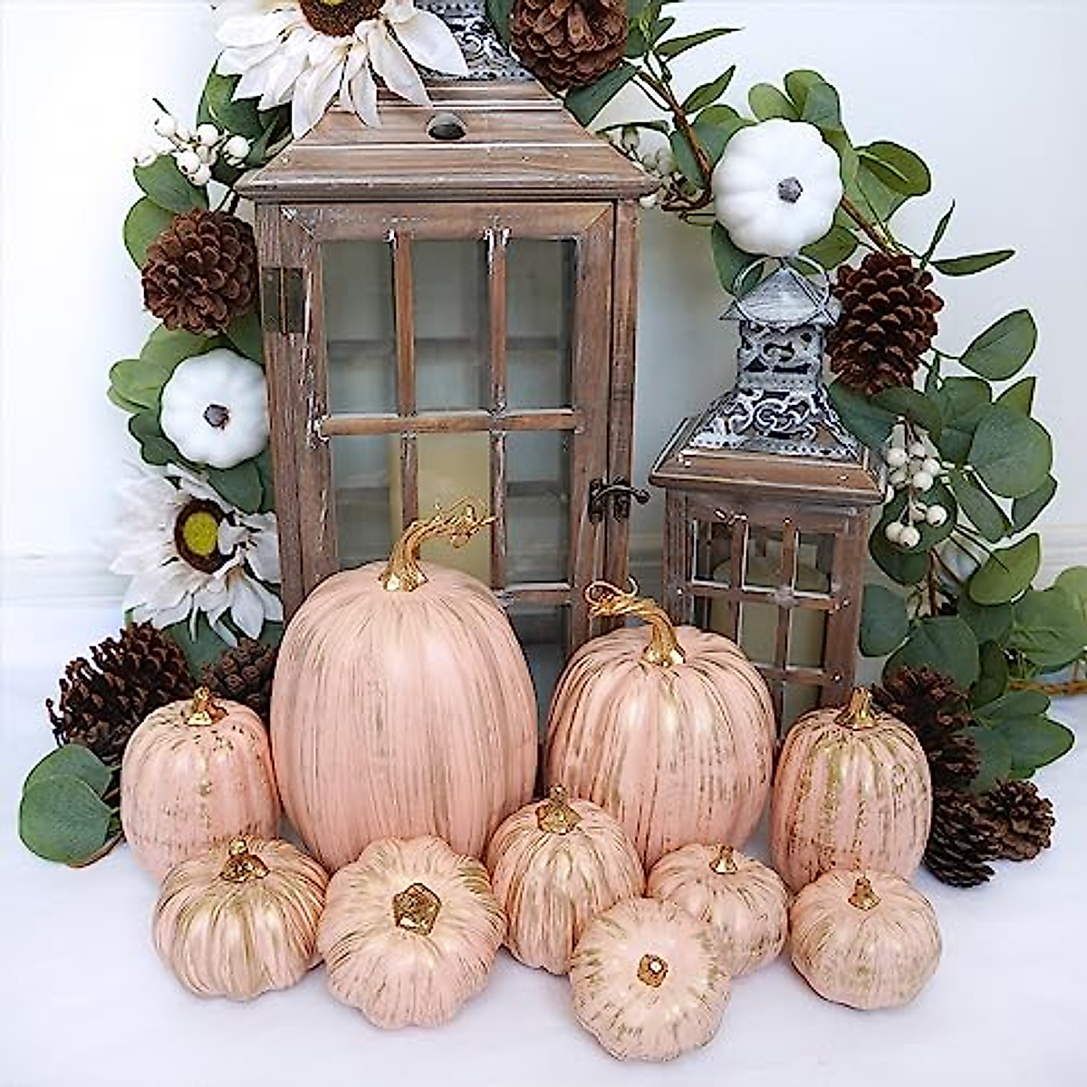 Winlyn 10 Pcs Assorted Artificial Gold Brushed Pink Pumpkins Rustic Decorative Pumpkins Foam Pumpkins for Farmhouse Fall Wedding Baby Shower Halloween Tabletop Centerpiece Mantel Decoration