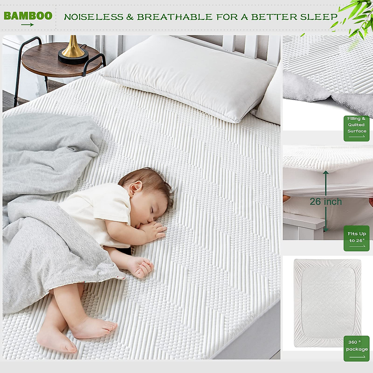 GRT King Waterproof Mattress Protector Rayon Bamboo - 3D Air Fiber Cooling Mattress Cover Breathable Ultra Soft, Mattress Pad Noiseless Fits up to 26'' Deep Pocket Washable