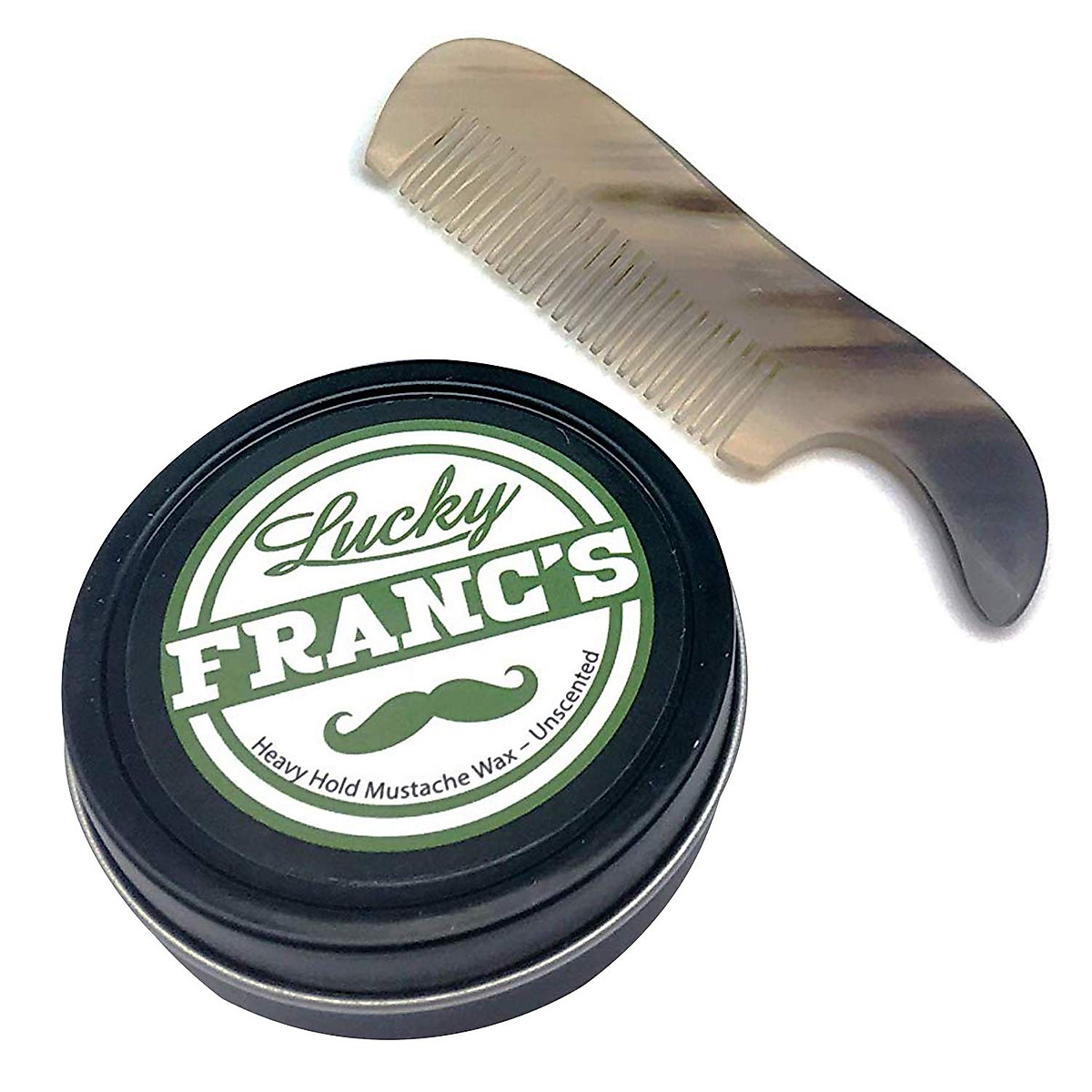 Lucky Franc's 2 oz. Strong Hold Mustache Wax and Real Ox Horn Comb Grooming Set. Wax that Stache in Style. Unscented Natural Moustache Wax and Stache or Beard Comb. Handmade Gift Set for Men
