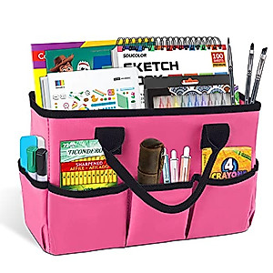 Godery Desktop Tote and Stock Organize, Teacher Helper Tote Bag Organization for Arts, Books, Stationery, etc, and Office Desk Organize, Make-up Storage Tote with Handles for Travel (PINK)