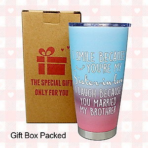 CTIGERS Funny Sister in Law Tumbler with Lid and Straw Insulated Travel Mug Gifts for Sister-in-law Birthday,Christmas,Thank Giving Day,Wedding Gifts for Sister Law 20 oz Blue Red Gradient