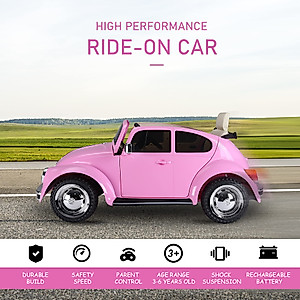 Aosom Licensed Volkswagen Beetle Electric Kids Ride-On Car 6V Battery Powered Toy with Remote Control Music Horn Lights MP3 for 3-6 Years Old Pink