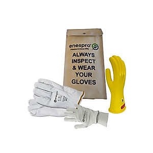 Enespro Class 0 Black Rubber Voltage Insulating Glove Premium Kit with FR Knit Glove and Leather Protectors, Max. Use Voltage 1,000V AC/ 1,500V DC, KITGC0B09AG