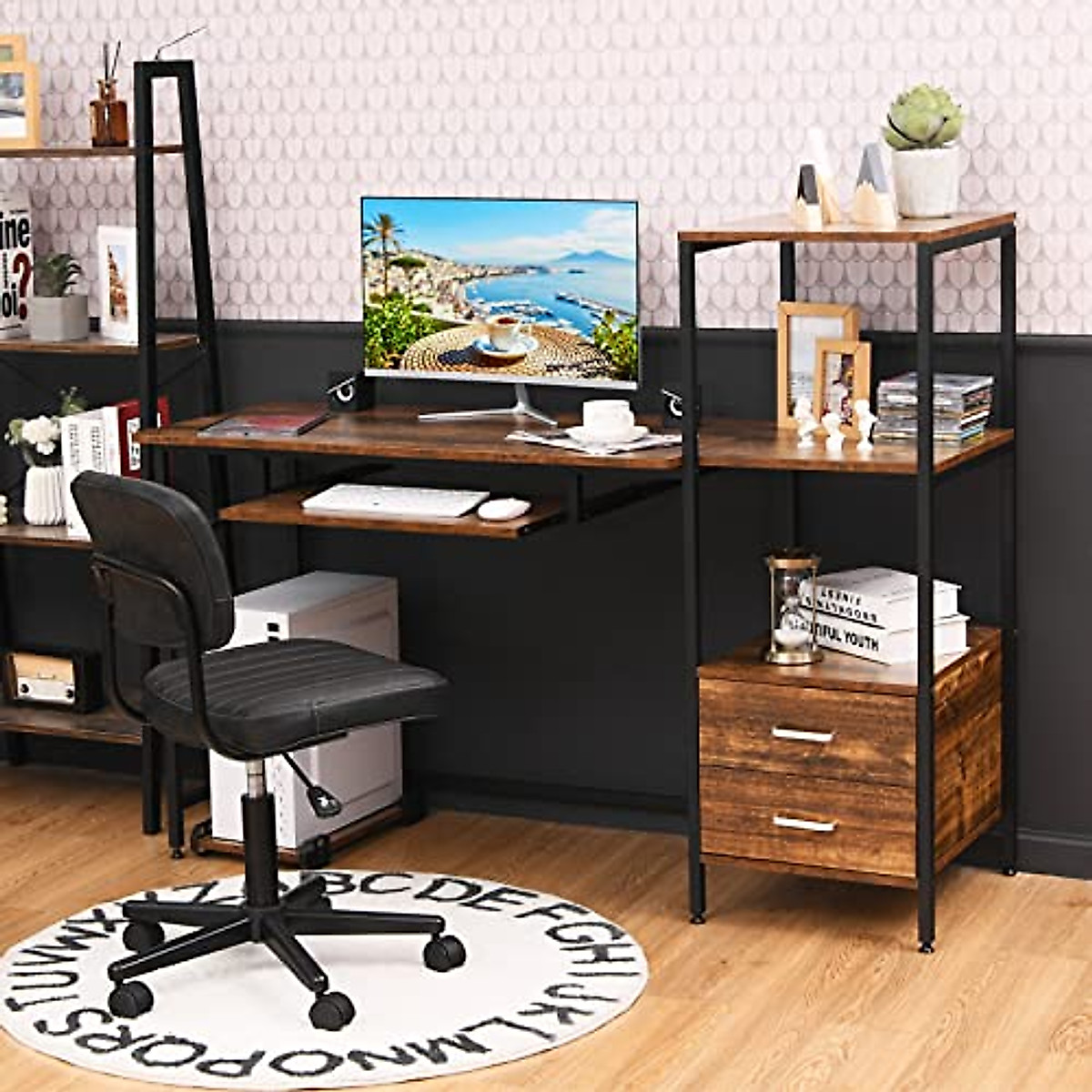 Tangkula Computer Desk with Storage Drawers & Shelves, 55.5 Inch Industrial Home Office Desk with Keyboard Tray & CPU Stand, Study Writing Desk, Laptop Workstation PC Desk for Small Space