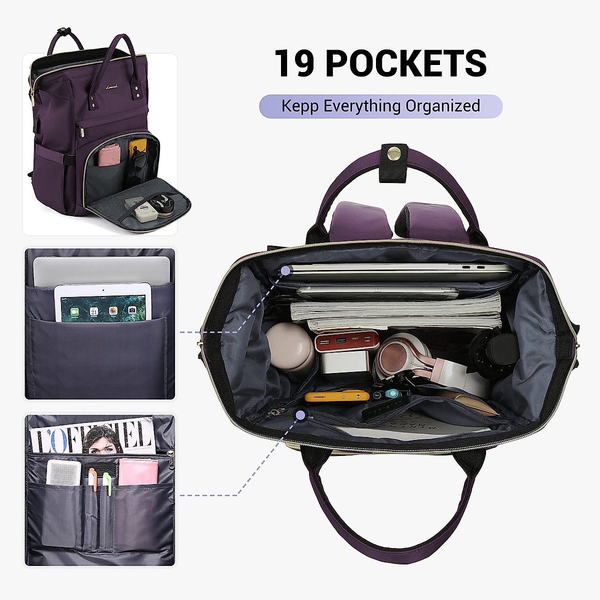 LOVEVOOK College Laptop Backpack, 15.6 Inch Travel Backpack for College, Waterproof Work Backpack Woman for Teacher Nurse Anti-theft Travel Back Pack, Gifts for Women,Dark Purple