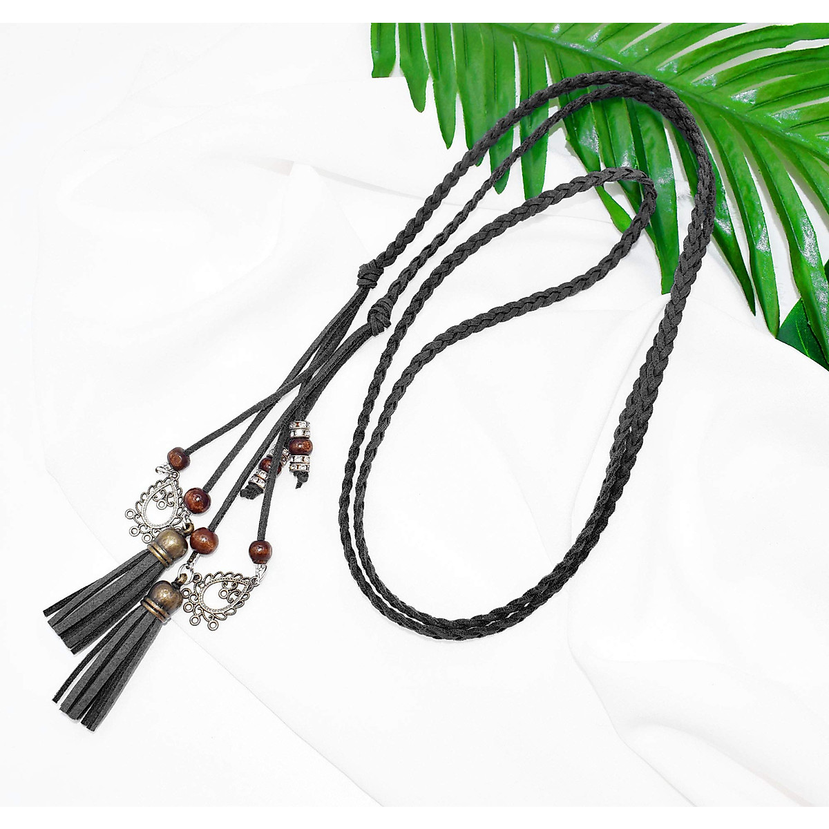Exotic Women Black Waist Belt/ Rope/Chain Skinny Belt with Tassel and Beads for Ladies Skirt Dress in 8 Colors