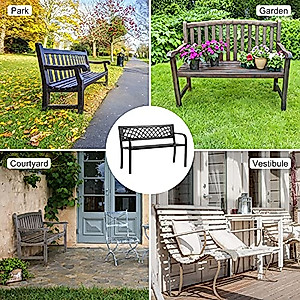 Hkeli Garden Bench Patio Park Metal Bench with Armrests Sturdy Steel Frame Black Porch Outside Bench Cast Iron Porch Bench for Yard Front Porch Path Lawn Work Entryway, 400lbs