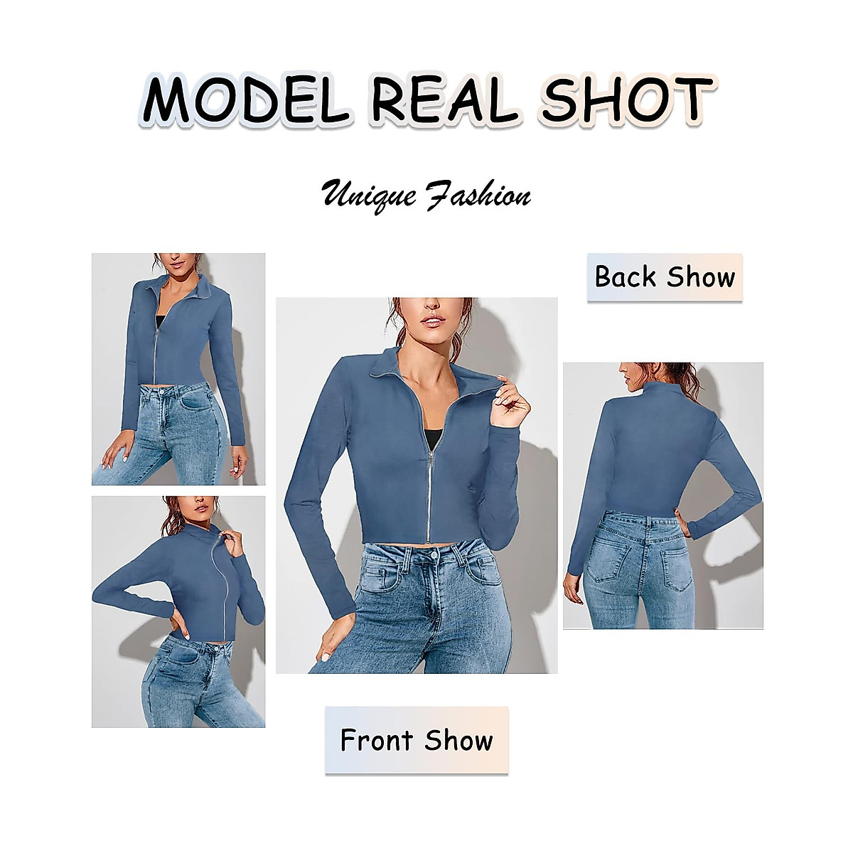 Ladybranch Women's Zip Crop Top Long Sleeve Lightweight Workout Sports Running Athletic Fitted Activewear(Medium,Bluish Grey)