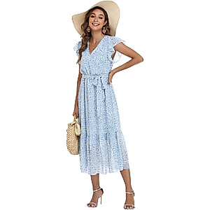 VintageClothing Womens Sundress Casual Floral Summer Boho Dress Flowy Wrap V Neck Ruffle A-Line Pleated Hem Midi Dresses, Floral Light Blue, S