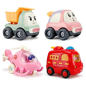 NASHRIO Push Forward and Wind Up Cars Toys for Baby and Toddlers, 4 Pack Kids Early Educational Vehicles - Boys and Girls Birthday Party Favors Gift (Random Colors)