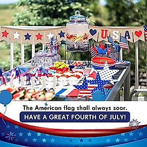 2 Pcs 4th of July Banner Burlap Patriotic Garland and 3 Pcs Independence Day Wooden Stars Rustic Signs USA Freestanding National Day Decor Red White Blue Bunting Garland for Table Decorations