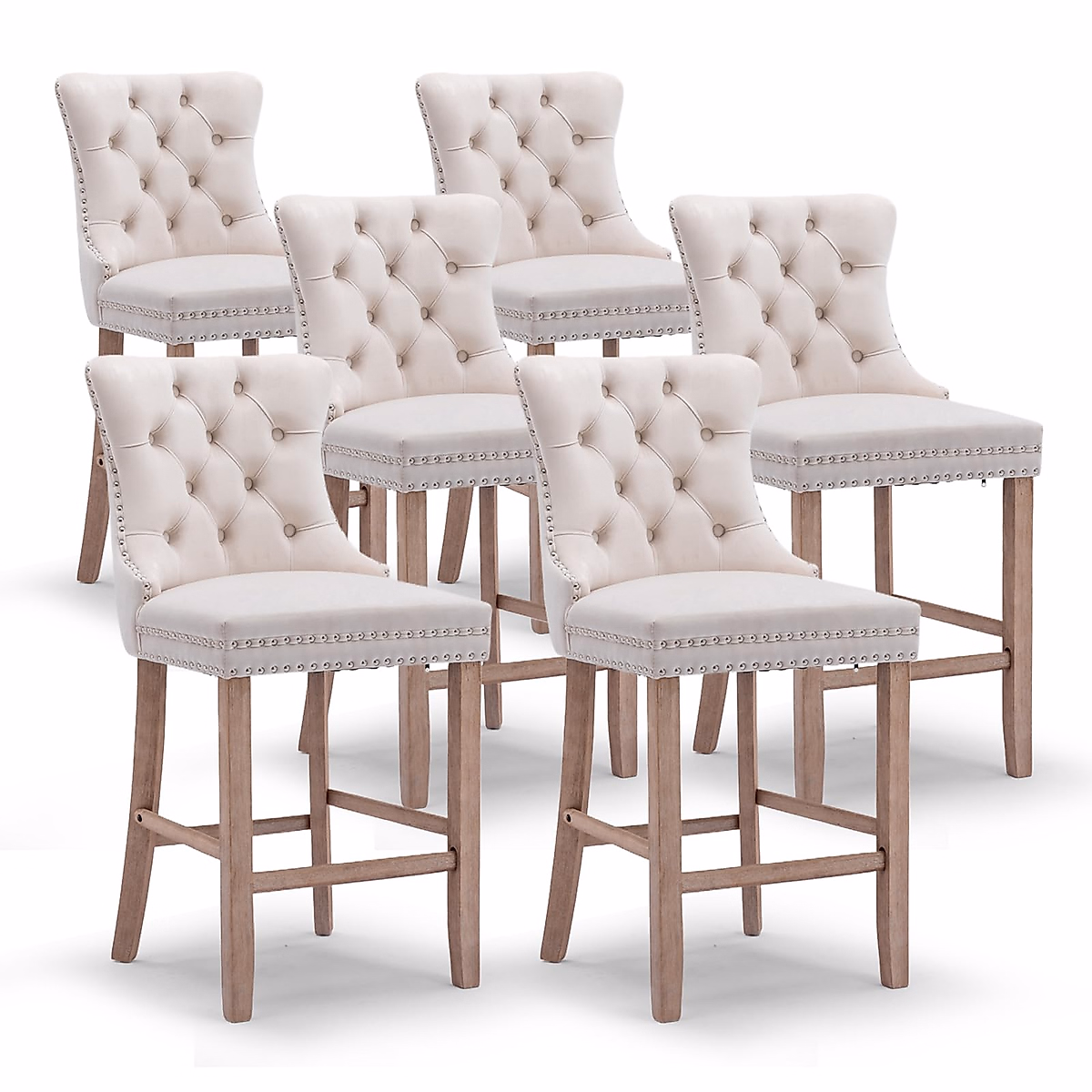 JETEAGO Bar Stools Set of 6, Velvet Upholstered Bar Stool for Kitchen Island, Counter Stools with Nailhead Trim, Beige