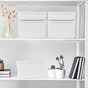 ZEXALOR 8 Pcs Storage Bins with Lids, Stackable Plastic Storage Containers for Organizing, Organizer Bins Shelf Baskets for Pantry Cabinet Shelves Desktop Freezer Drawer Organization (White, 4M+4S)