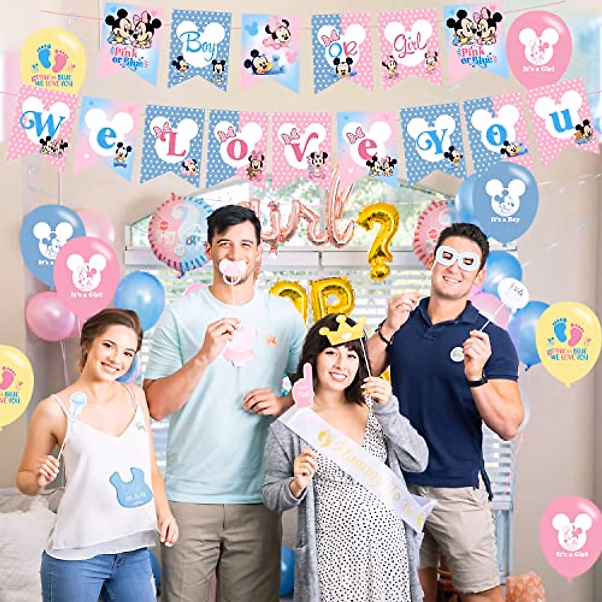 Mickey and Minnie Gender Reveal Backdrop Birthday Banner for Mickey and Minnie Gender Reveal Birthday Party Supplies Gender Reveal Photograph Background Photo Booth 5x3ft