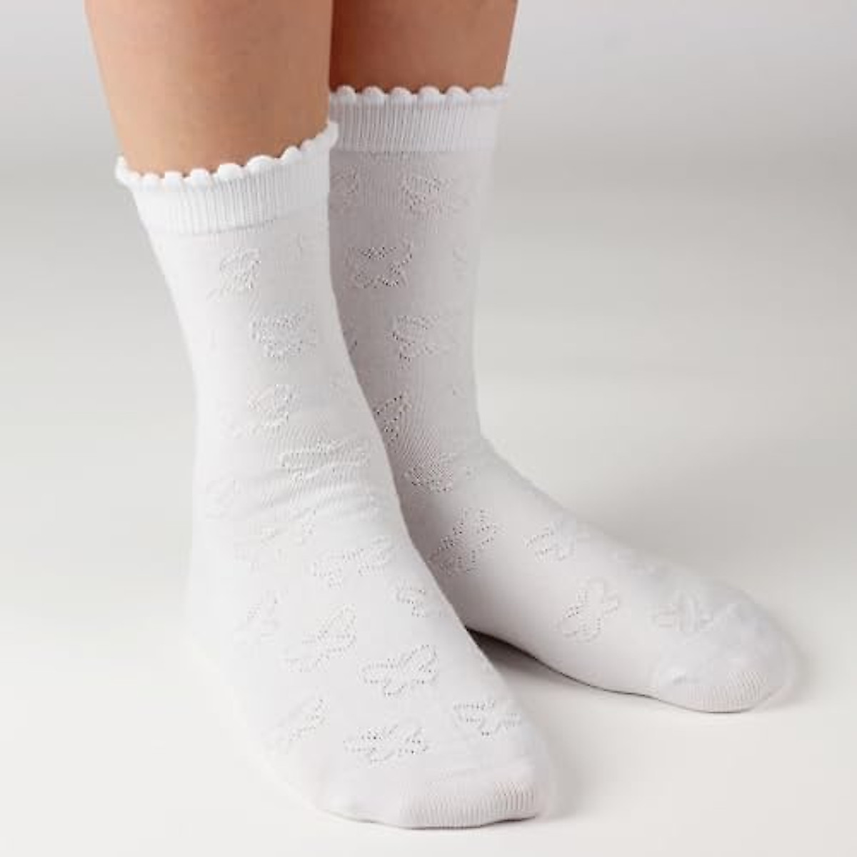 COTTON DAY Girls White Dressy Textured Short Socks Scallop Top Butterfly Design 6-8 Years Size M (8)