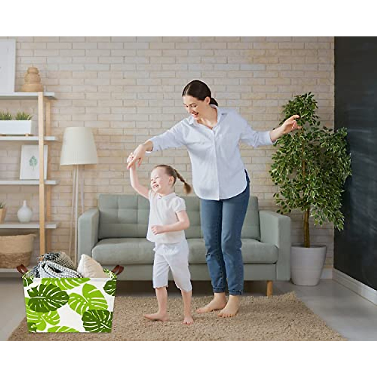 TIBAOLOVER Rectangle Storage Bin with Handles for Kids Toy/Playroom OrganizationDecor/Toy Bin/Closet/Christmas Shelf Gift Baskets/Baby Hamper (Green Leaf)