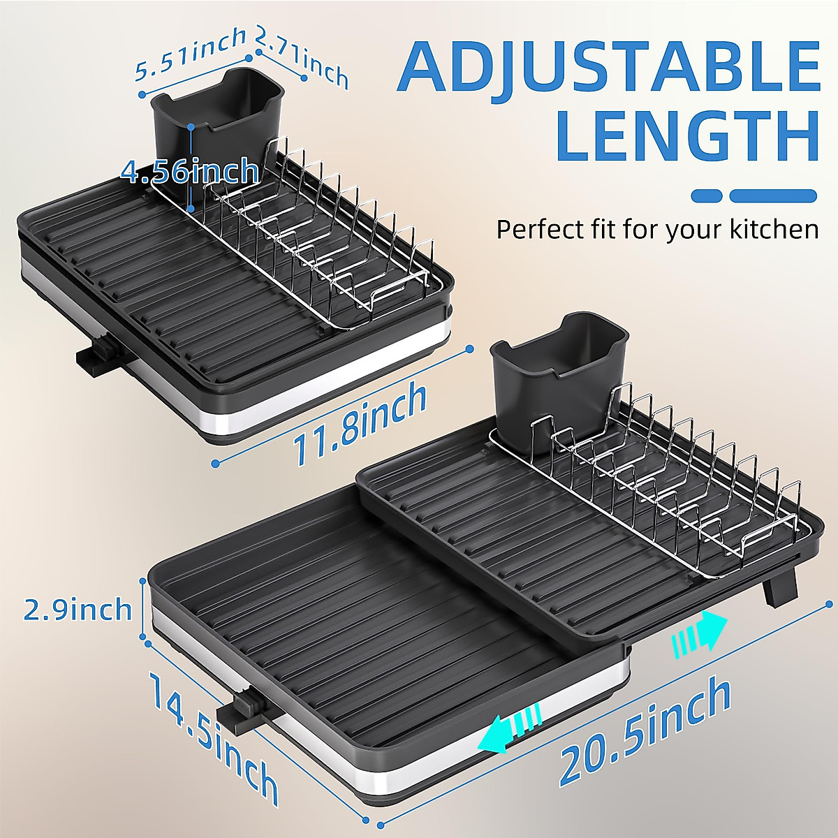 G-TING Dish Drying Rack, Expandable (11.8"-20.5") Large Capacity Dish Rack, Dish Drainer with Stainless Steel Cutlery Rack and Cutlery Bucket, Drying Rack for Kitchen Counter