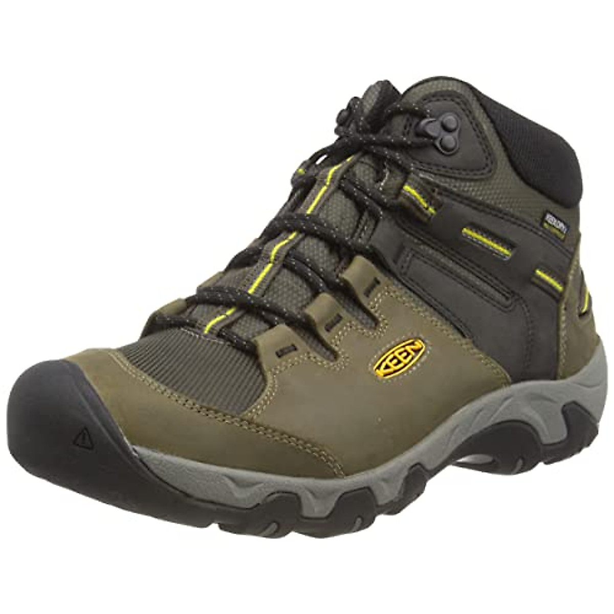 KEEN Men's Steens Mid Height Leather Waterproof Hiking Boots, Black Olive Yellow, 8.5