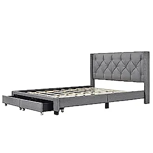 HAUSHECK Queen Size Platform Bed Frame, Upholstered Bed Frames with Button Tufted Headboard, Modern Bedframe for Kids, Teen & Adults, Wooden Slats Support, No Box Spring Needed
