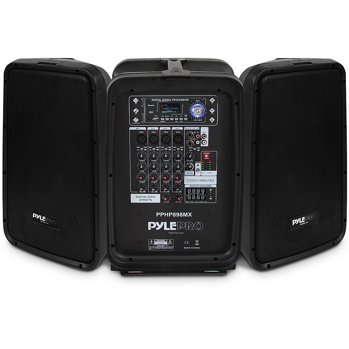 Pyle 600 Watt 8-Channel Portable Bluetooth Wireless PA Speaker Amplifier Kit with 8" Subwoofer and 1" Horn Tweeter, MP3, AUX - USB Xlr 1/4" RCA, Black