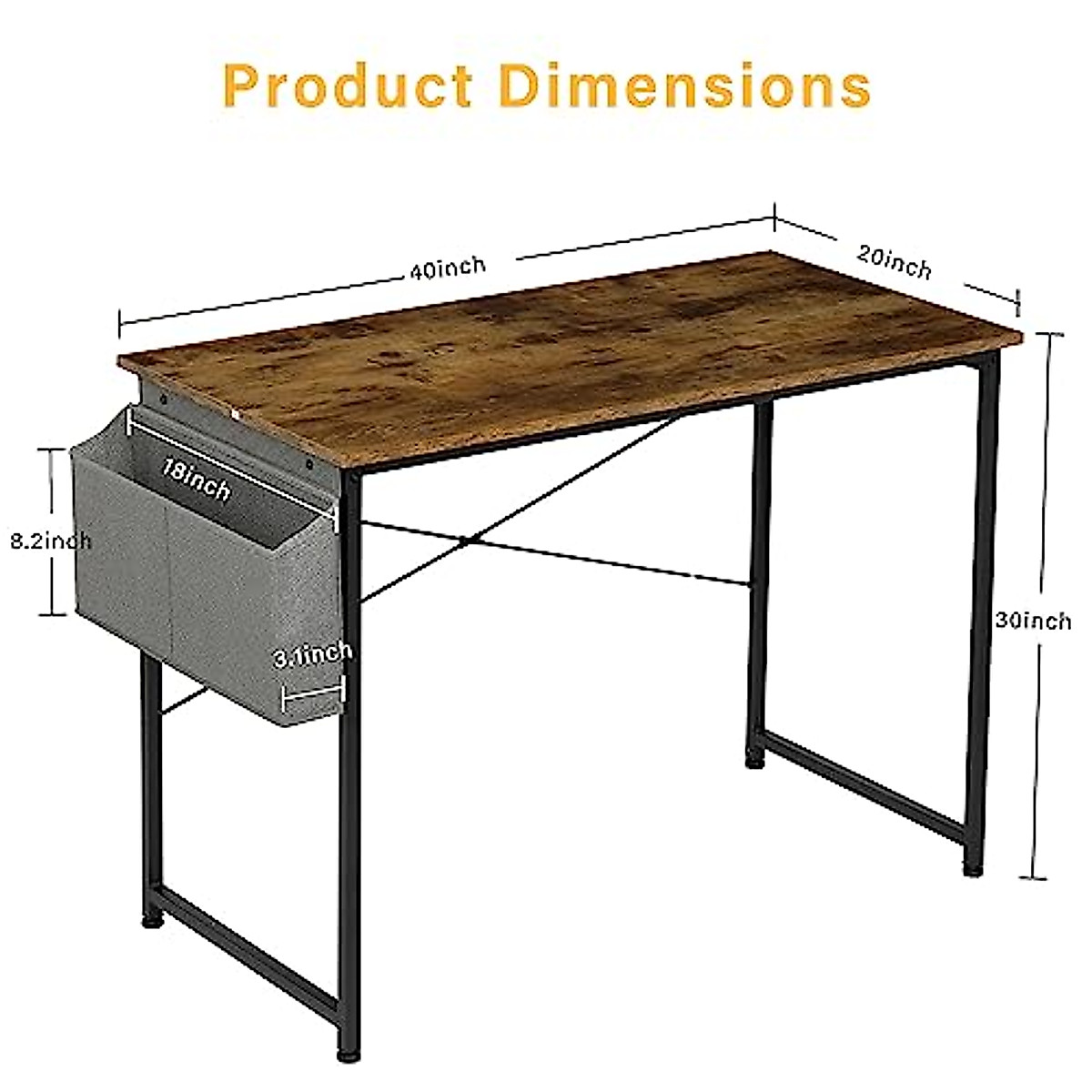 YSSOA 40 Inch Computer, Modern Simple Style Home Office, Study Student Writing, Vintage with Storage Bag Wooden Desk, Brown