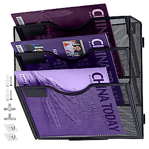 EXOFC 2Pack 3 Pockets Wall File Organizer,Mail Organizer Magazine Holder,Vertical Wall Mounted Mesh Hanging File Holder,Paper Organizer Mail Holder Magazine Rack for Home Office(Black)