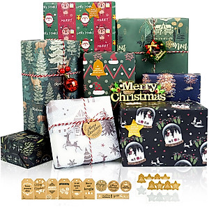 Christmas Wrapping Paper Sheets, 8 Sheets Vintage Xmas Wrapping Paper Set, Green Navy Blue Kraft Wrapping Paper with Stickers Tags, Gift Wrapping Paper for Christmas New Year Holiday, 20×28inch