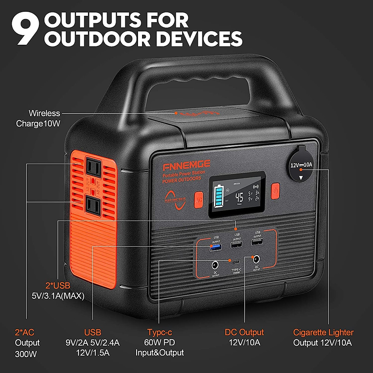 FNNEMGE 300W Portable Power Station (350W Peak), 266Wh Solar Outdoor Generator, 72000mAh 60W PD Power Bank with Dual 110V AC Outlets 12V/10A DC Out, Pure Sine Wave, Battery Power Supply for Camping