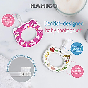 HAMICO Baby Toothbrush Gentle, Extra- Soft Bristles for Baby’s First Toothbrush | Easy Grasp-No Overreach Infant Toothbrush | BPA Free | 2-Pack: Unicorns & Farm Animals