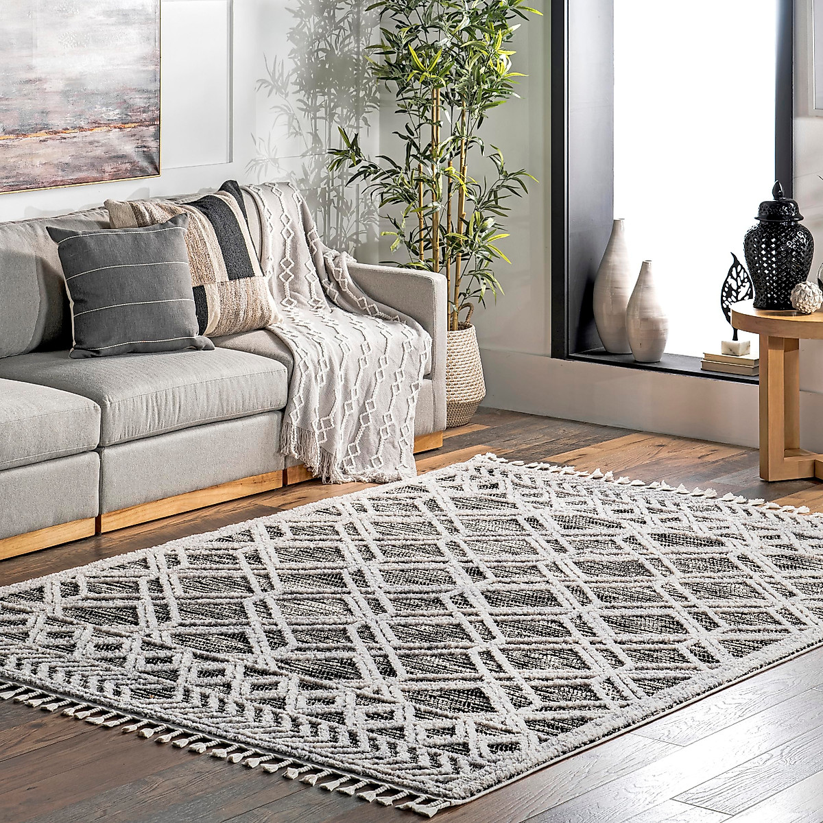 nuLOOM 9x12 Ansley Moroccan Tassel Area Rug, Grey, High-Low Textured Bohemian Design, Plush High Pile, Stain Resistant, For Bedroom, Living Room, Hallway, Entryway