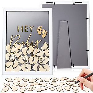 Unittype 71 Pcs Large Size Baby Shower Guest Book Alternative Baby Shower Sign in Guestbook Photo Frame with 70pcs Wood Chips Signature Keepsake for Baby Shower Favor Birthday Party(Grey, Footprint)