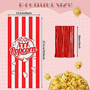 100 Pcs Popcorn Bags for Party Treat Set, Cellophane Candy Bags Red White Stripe Cookie Snacks Bags with 150 Red Twist Ties for Circus Carnival Birthday Party Favor(Strip Style)