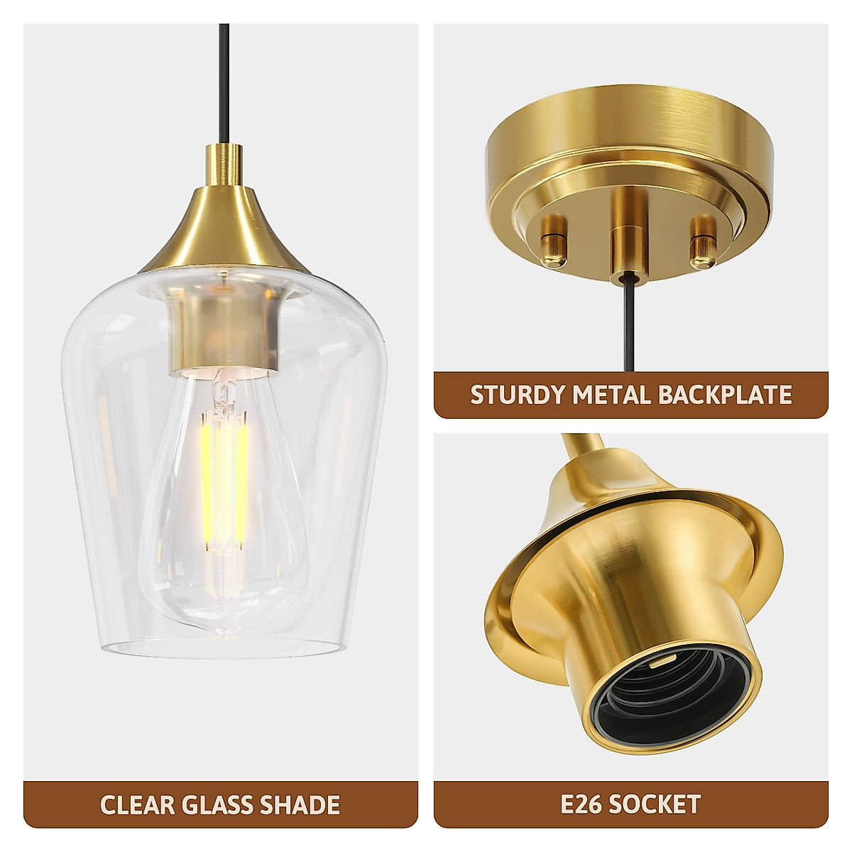 VONLUCE Pendant Light Kitchen Island, Brushed Gold Pendant Light Fixture with E26 Base & Adjustable Cable, Modern Pendant Lighting with Glass Shade for Living Room Bedroom Hallway