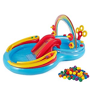 Intex 9.75 x 6.3 Foot Rainbow Ring Inflatable Play Center Pool with Water Slide and Small Plastic Multi-Colored Fun Ballz for Ball Pit, 100 Pack